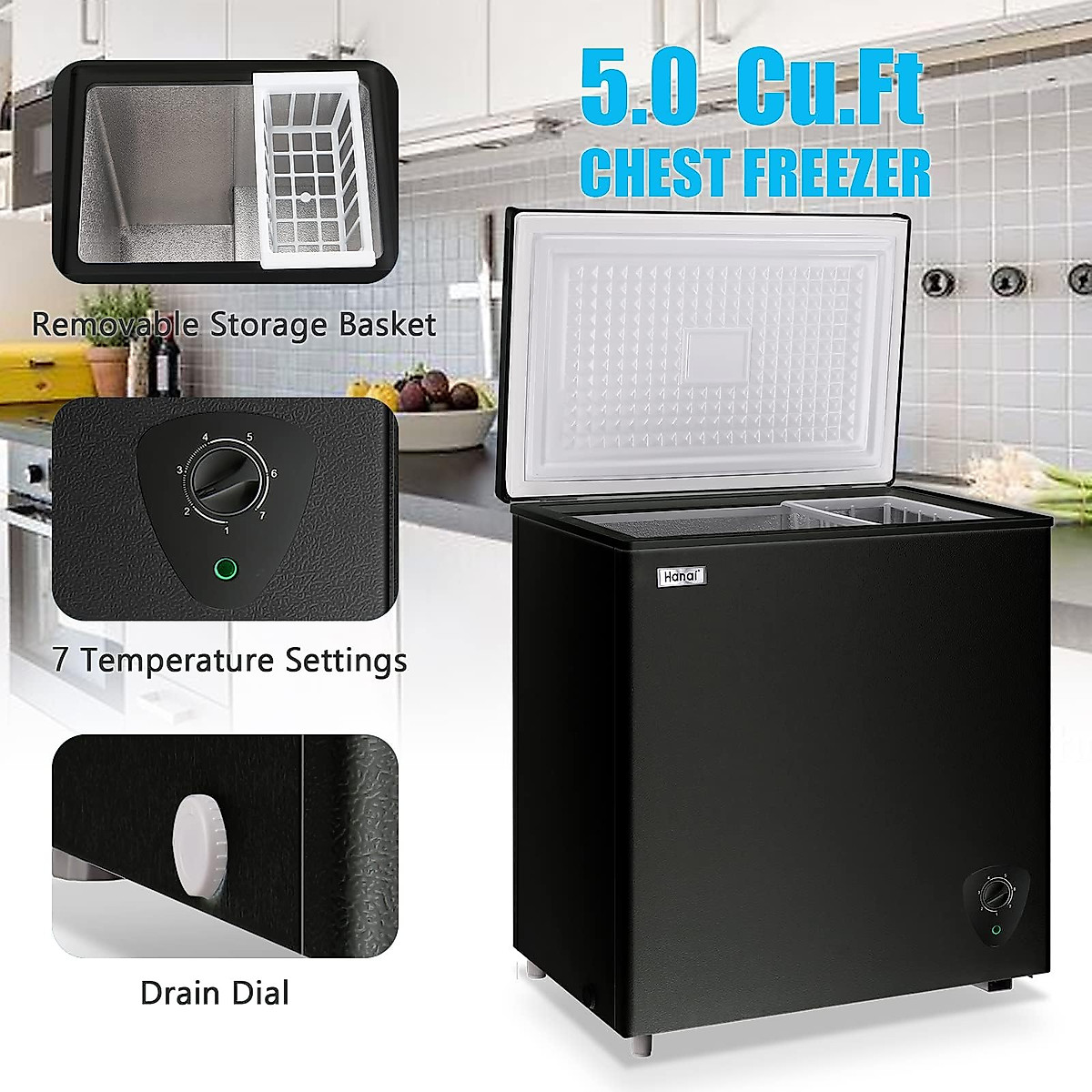 Chest Freezer 5.0 Cu.Ft Small Deep Freezer Black Top Door Mini Freezer with Removable Basket, Low Noise, 7 Adjustable Temperature and Energy Saving Perfect for Home Garage Basement Dorm or Apartment