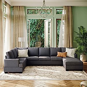 FANYE Modern King Size Cushions Upholstered Deep Seat Extra Wide Left Chaise,125.6" 8 Seaters Sectional Sofa & Couch W/for Home Office Apartment Big Family Living Room Furniture Sets, U-Shaped, Grey