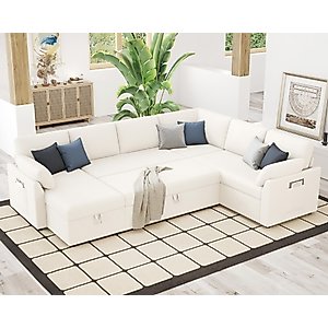 VanAcc Sleeper Sofa, 112 Inch Pull Out Sofa Bed with Storage Chaise & 3 Seater, Oversized U Shape Sectional Couch with Pull Out Bed, White Boucle Couch