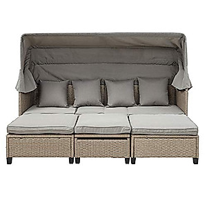 Danxee 4 Piece UV-Proof Resin Outdoor Sectional Sofa Set Patio Rattan Daybed with Retractable Canopy, Wicker Patio Sofa Set with Cushions, Pillows, and Lifting Table