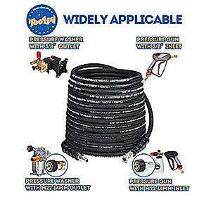 TOOLCY 3/8" Pressure Washer Hose 4000 PSI X 50 FT, Stainless 3/8" Swivel QC Kink Resistant, 250℉ Hot Water Compatible Steel Wire Braided & Rubber Jacket, Easy Loading 3/8" NPT X M22-14mm Adapter Kits