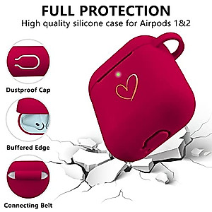 AIIEKZ Compatible with AirPods Case Cover, Soft Silicone Case with Gold Heart Pattern for AirPods 2&1 Generation Case with Vintage Roses Pearl Keychain for Girls Women (Burgundy)