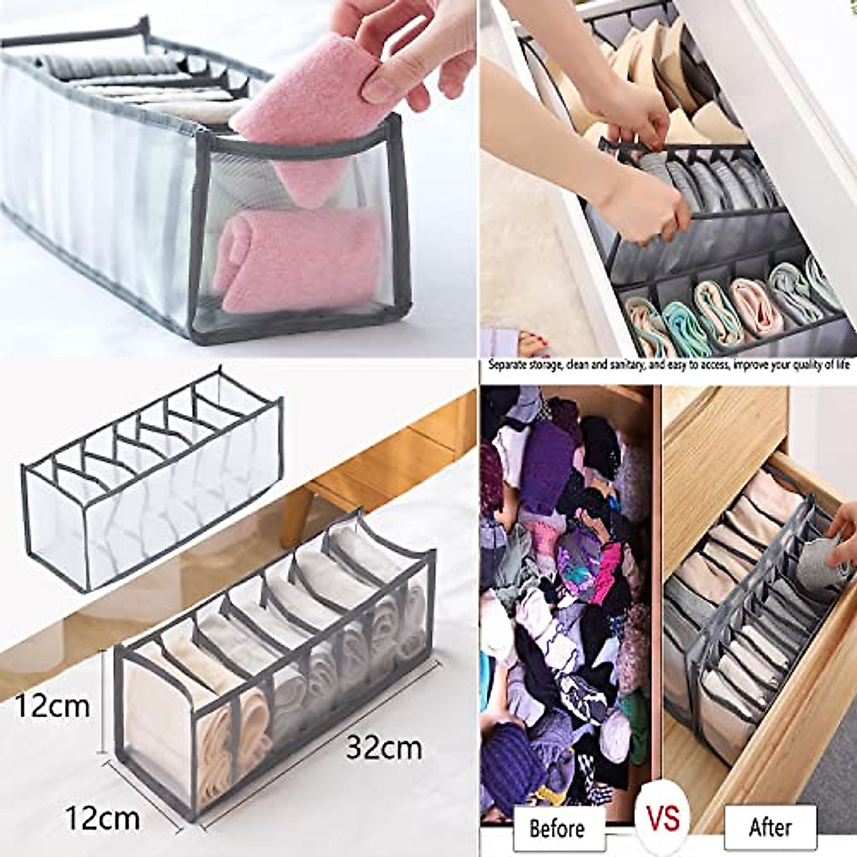 4 Pcs Sock Underwear Drawer Organizer Dividers, Underpants Closet, Nylon Foldable Dresser Storage organization, Storage Bins Basket Organizers for Bras Socks Underpants Panties and Ties Grey