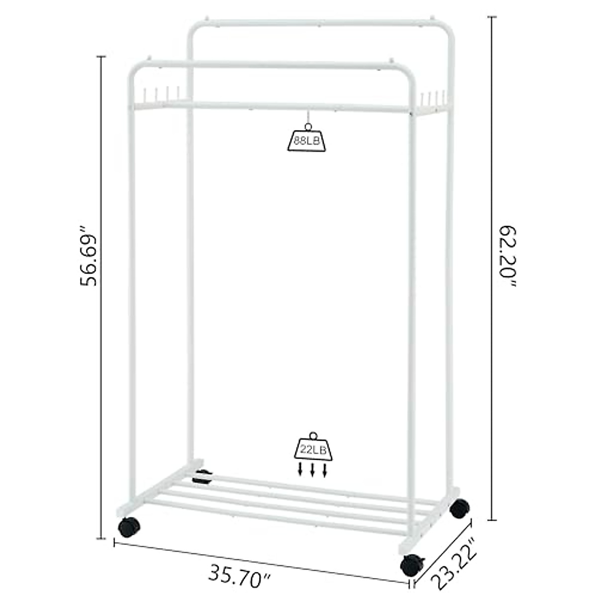 Hoctieon Double Rod Clothes Rack, 2 IN 1 Clothing Rack with Shelves and Wheels for Easy Mobility, Multi-functional Bedroom Garment Rack with 8 Hooks, White