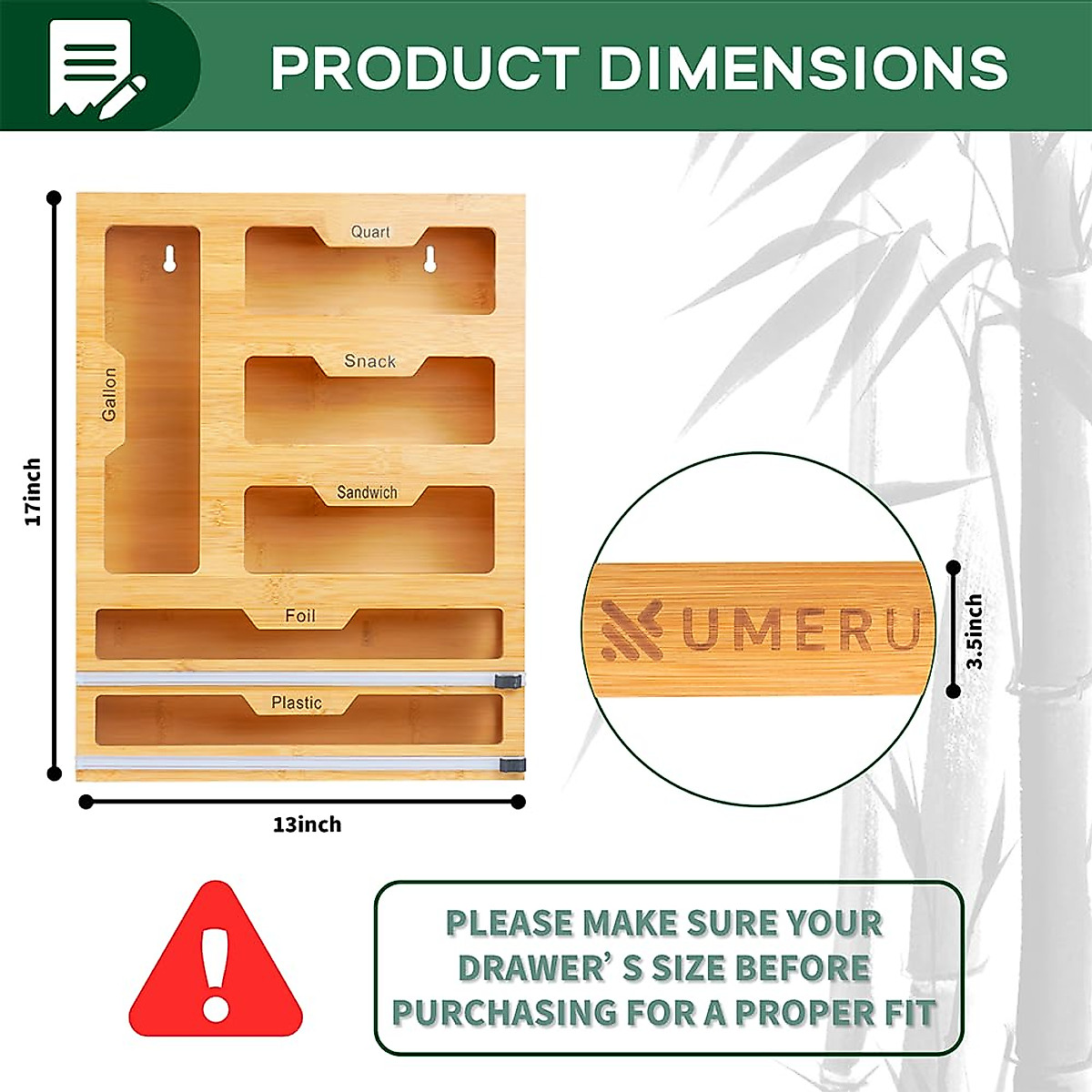 UMERUCCI Storage Bag Organizer Kitchen Drawer with Cutter for Foil and Plastic Wrap, Compatible with Gallon, Quart, Sandwich, Snack Bags, and 12" Aluminum Foil & Wax Paper