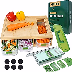 Bamboo Cutting Board with Containers, Lids, Graters, Extra Large Kitchen Cutting Board Set with Stackable Trays for Meal Prep & Storage, Chopping Board with Juice Groove, Easy-grip Hollow Handle