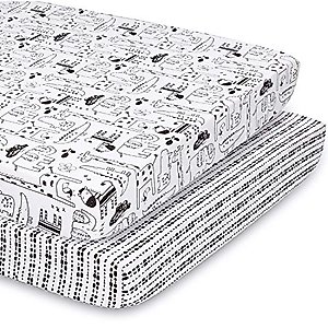 The Peanutshell Fitted Pack n Play, Playard, Mini Crib Sheets for Baby Boys or Girls | 2 Pack Set | Zoo Animals and Tribal Stripes