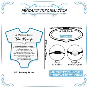 Chuangdi 50 Sets Baby Shower Favors for Guests Cute Heart Bracelets Wish Card Bracelets for Reveal Party Gifts(Blue, Simple Style)