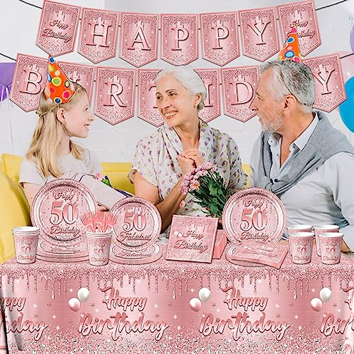 50th Birthday Rose Gold Supplies,142pcs Glitter Pink Rose Gold Tableware Include 50th Birthday Plates and Napkins Cups,Rose Gold Tablecloth Happy Birthday Banner for Women Happy 30th Birthday
