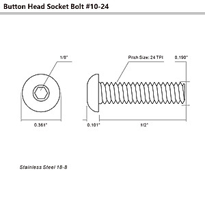 10-24 x 1/2" Button Head Socket Cap Bolts Screws, Stainless Steel 18-8 (304), Bright Finish, Full Thread, Allen Hex Drive, 50 PCS