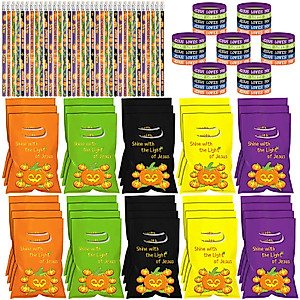 Paterr 105 Pcs Religious Halloween Party Favors 35 Christian Pumpkin Plastic Bags 35 Christian Halloween Pencil 35 Religious Bible Rubber Wristband for Religious Halloween Trick or Treat Party