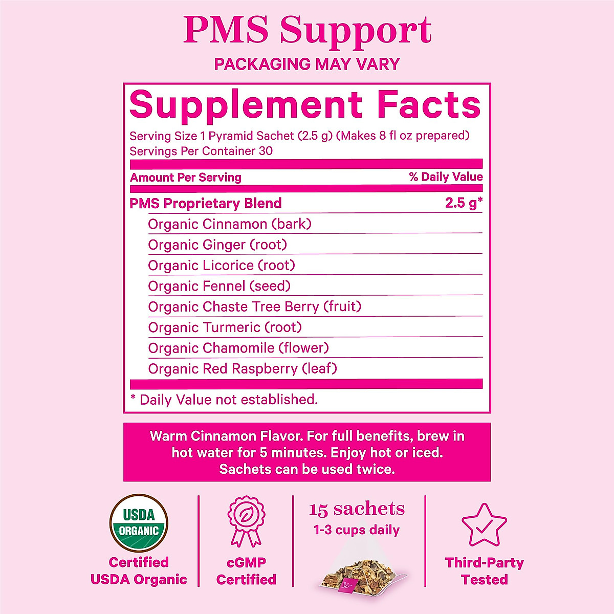Pink Stork Organic PMS Tea for Hormone Balance, Mood Swings, Bloating, and Period Regularity - 8 Herbs - Vitex, Red Raspberry Leaf, Chamomile - Caffeine-Free - 15 Sachets, Warm Cinnamon