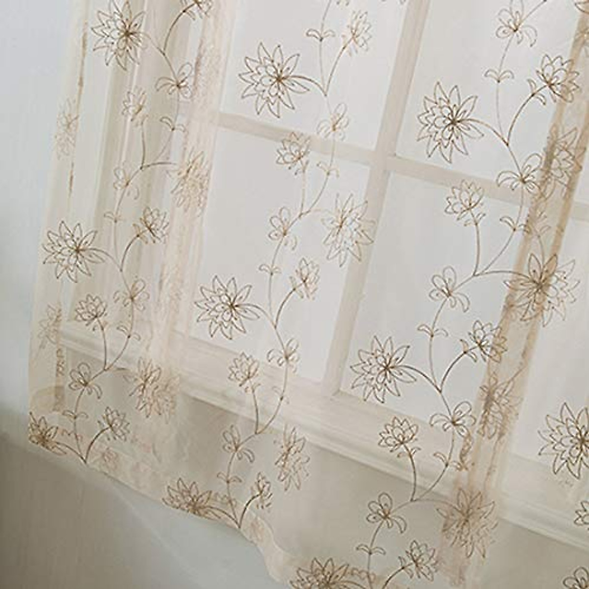 JAIJY Rod Pocket Liftable Roman Window Curtains Flower Embroidery Tie Up Sheer Shade Voile Shade Drape for Small Window Bathroom Decor, 1 Panel, 31"x 47" Inches Length