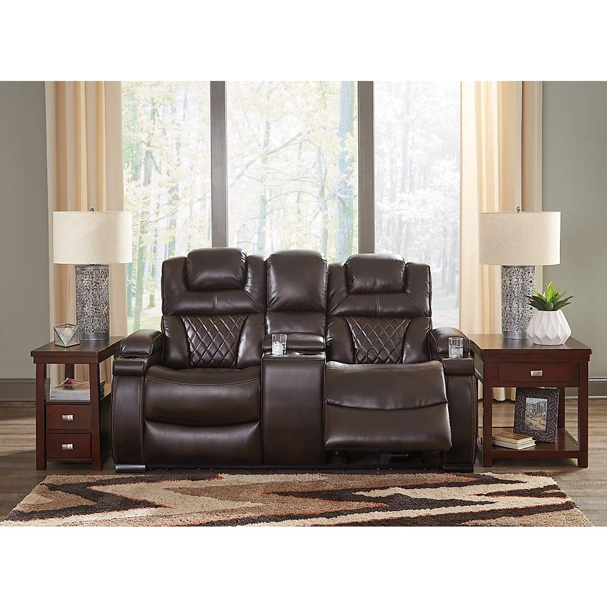 Signature Design by Ashley Warnerton Faux Leather Power Reclining Loveseat with Center Console, Brown
