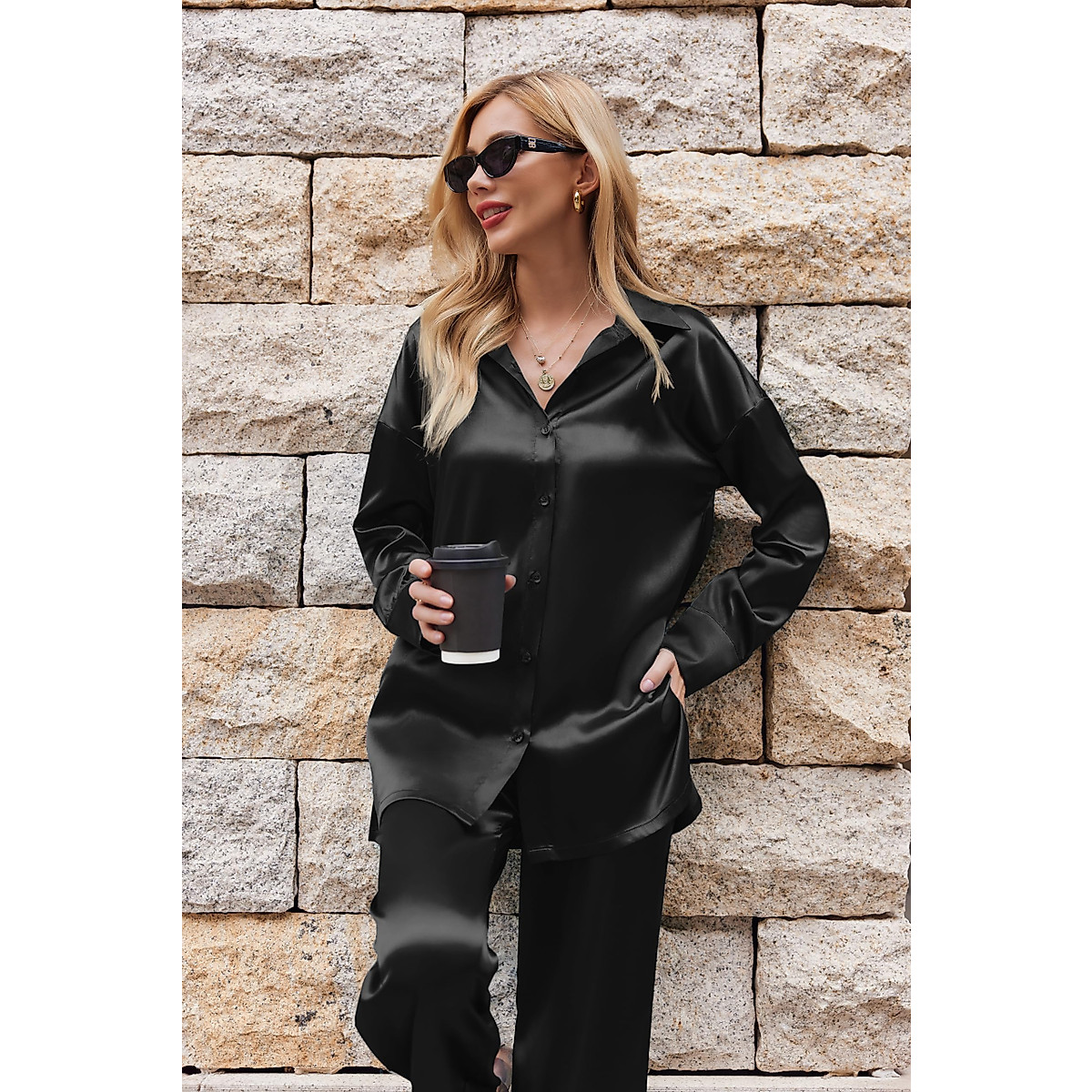 Ekouaer Womens Silk 3 Piece Pajamas Satin Camisole Sleepwear Set Button Down Long Sleeve Pjs with Pants, Large Black