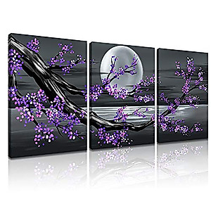 LoveHouse 3 Piece Purple Flower Tree Wall Art for Bedroom Cherry Blossom Tree in Full Moon Night Landscape Canvas Prints Artwork for Home Wall Decoration Ready to Hang 12x16inchx3pcs (Cherry Blossom)