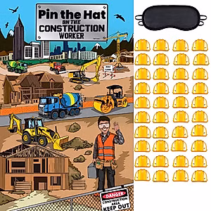 Jayd Products, Pin the Hat on the Construction Worker, Kids Construction Party Game 37 X 24 inches, Construction Birthday Party Supplies (40 Players)