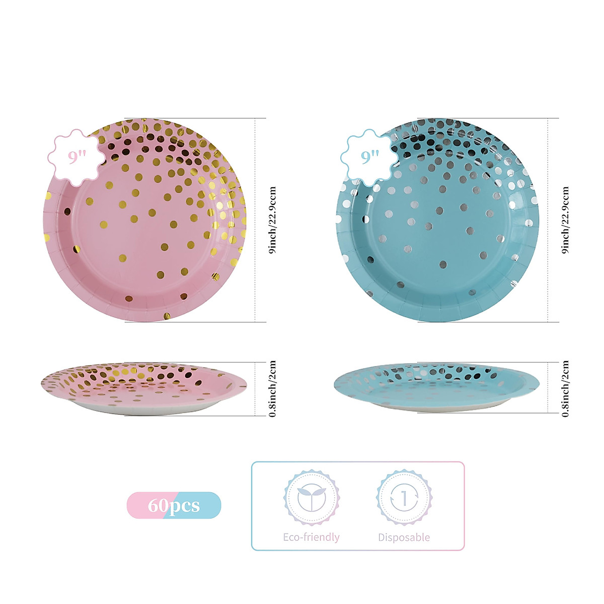 Ottin Pink and Blue Gender Reveal Decorations Polka Dots Party Paper Plates 9'' 60 counts Disposable Dinner Plates for Party Engagement Wedding Birthday Bridal Shower Baby Shower Graduation