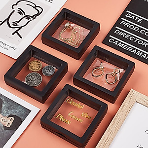 Jutieuo 4Pcs 3D Floating Frame with Stand, Challenge Coin Display Holder, Small Shadow Box for Earrings, Rings, Brooch, Military Medal, Black, 2.75x2.75 inches