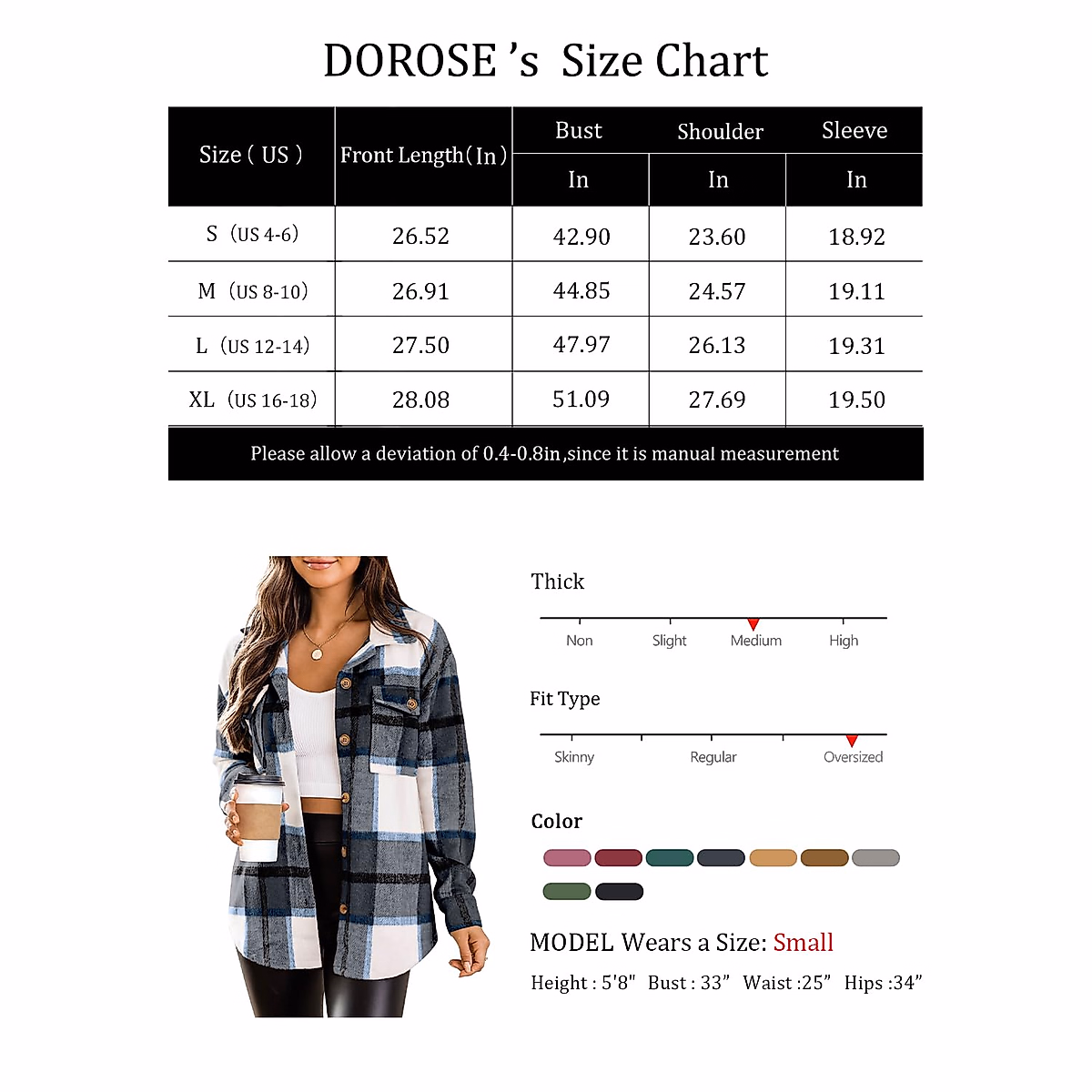 DOROSE Shackets For Women Flannel Shirt Fall Long Sleeve Button Down Plaid Jackets Coat (Black, X-Large)
