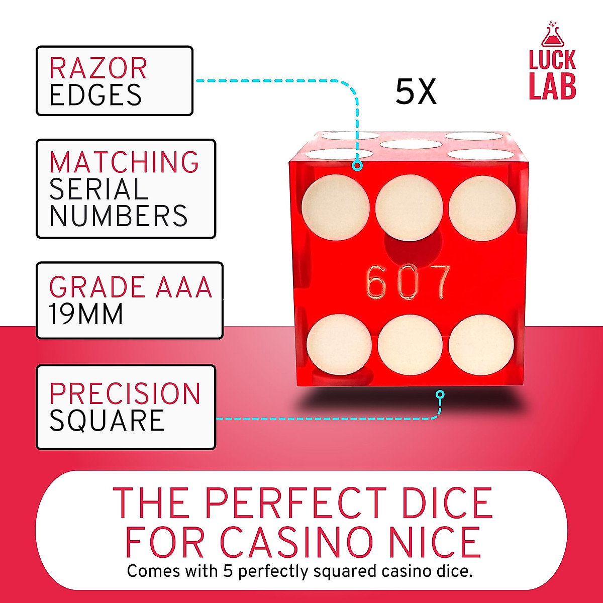 Luck Lab Grade AAA 19mm Casino Dice with Razor Edges and Matching Serial Numbers Set of 5 and Leather Dice Case (Red)
