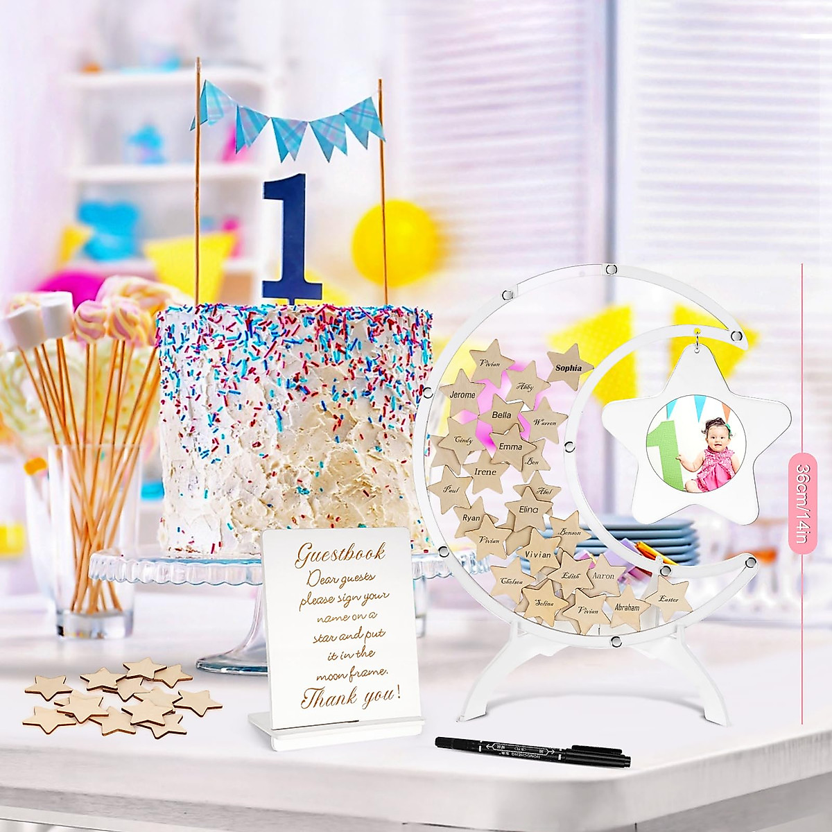 Dolodomy Baby Shower Guest Book, 68PCS Baby Shower Sign in Guest Book Baby Shower Decorations Moon Token Frame Star Wooden Keepsake Frame Baby Shower Decors 12.6IN Acrylic Baby Shower Favors