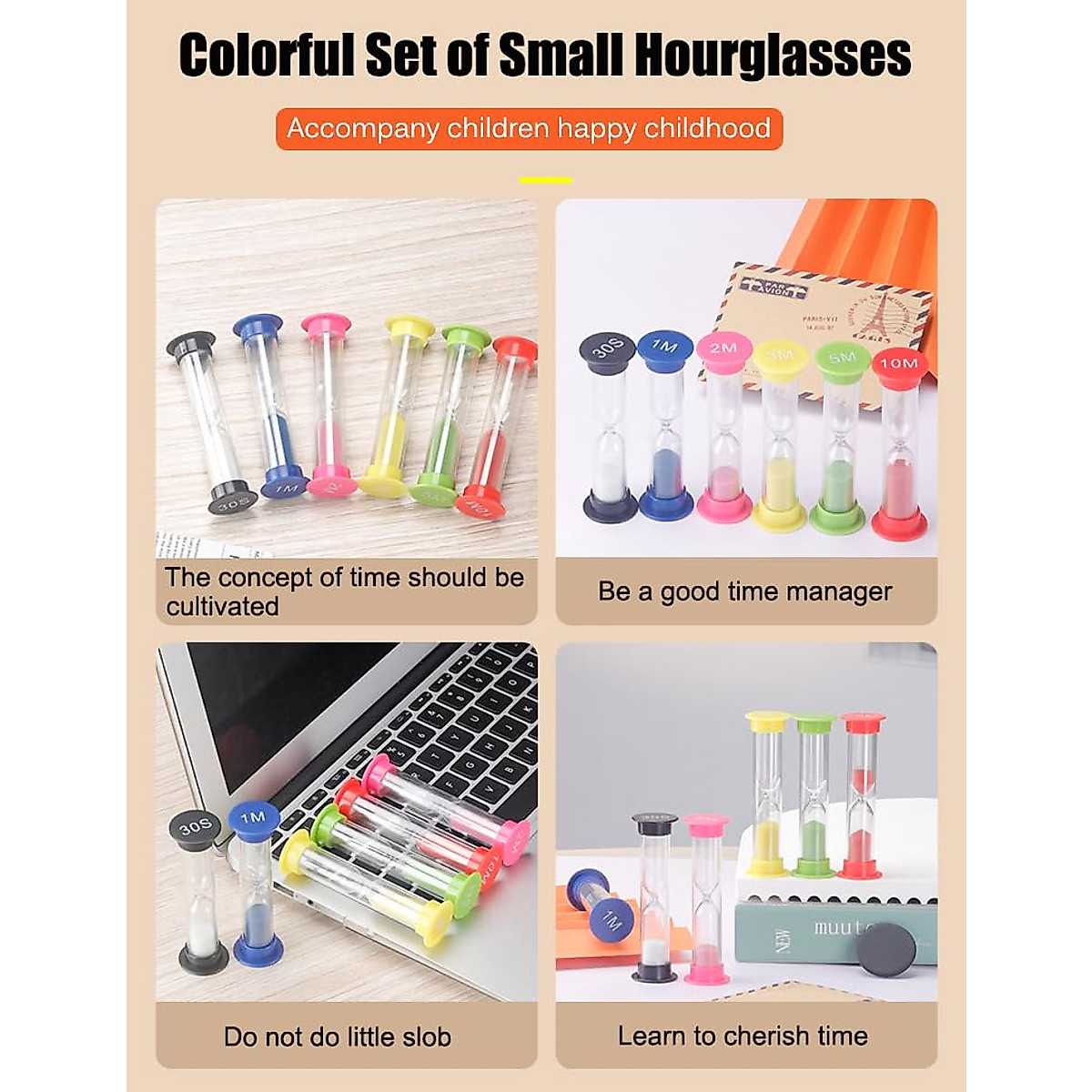 AKOAK 6 Pcs Color Hourglass Timer, 30S, 1M, 2M, 3M, 5M, 10M Hourglass Timer, Kids Play Classroom Kitchen Home Office Decorative Hourglass