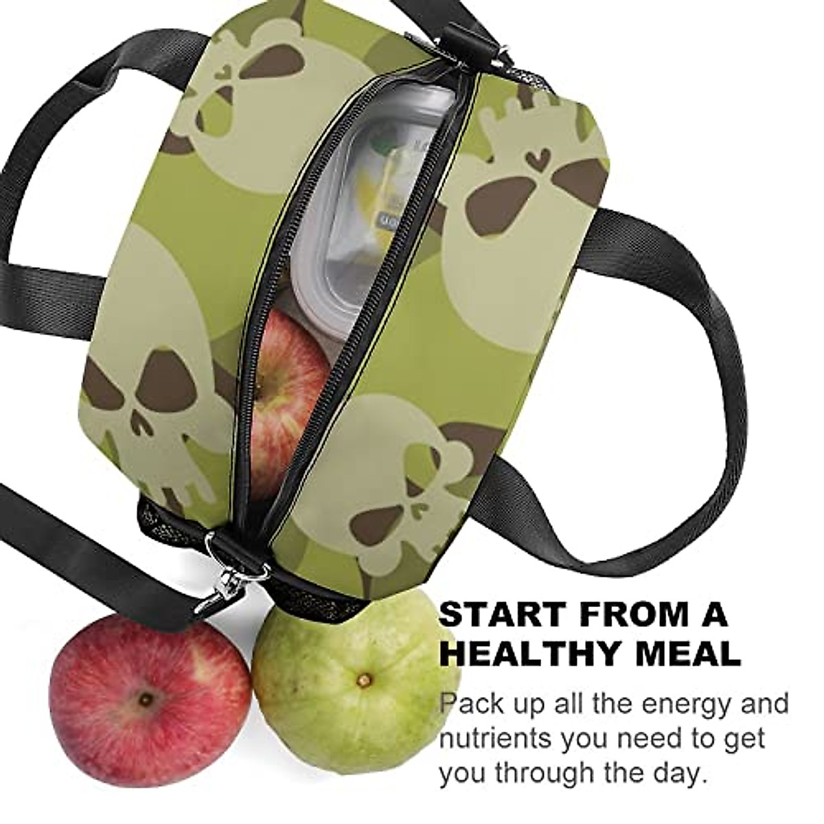 Military Skulls Printed Lunch Box Tote Bag with Handles and Shoulder Strap for Men Women Work Picnic
