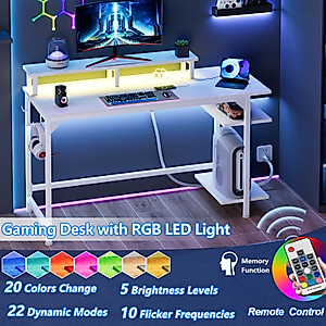 Furologee White Desk with Power Outlets and LED Lights, 47" Office Gaming Desk with Shelves and Fabric Drawer, Reversible Study Table with Monitor Stand and Hooks