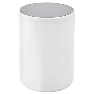 mDesign Plastic Small Slim Round 1.7 Gallon/6.5 Liter Trash Can with Removable Swing Lid - Wastebasket, Garbage Container Basket Bin for Master/Guest Bathroom - Holds Rubbish/Recycle - White/Gray