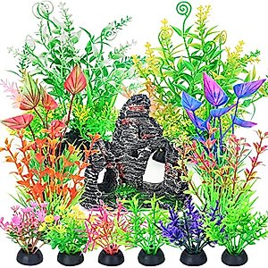 Borlech Aquarium Rock Decorations and Fish Tank Plastic Plants Decor Set 13 Pieces