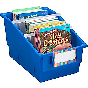Really Good Stuff Large Plastic Labeled Book & Organizer Bin, Classroom Organizing Baskets, Divided Containers for Books & Supplies, Label Holders, Organize School & Home, Primary Colors 4 pk