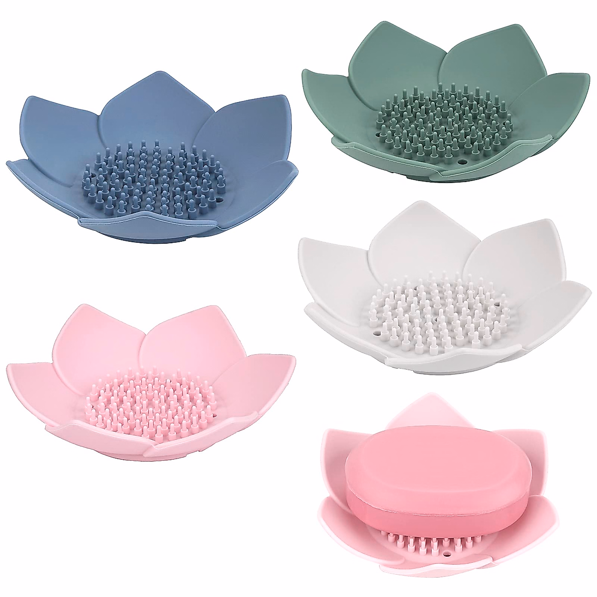 Linkidea 4 Pack Soap Dish with Drain, Silicone Bar Soap Holder for Bathroom, Flower Shape Soap Tray for Kitchen Sink