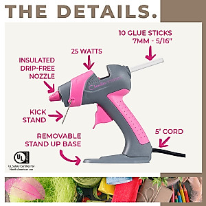 Mini Hot Glue Gun Kit - 25W Small Size Stand up High Temp Hot Melt GlueGun Set with 10 Mini Glue Gun Sticks for Glue Gun, Fine Tip Adhesive Silicone Glue Gun, Craft HotGlueGun by Chandler Tool (Pink)