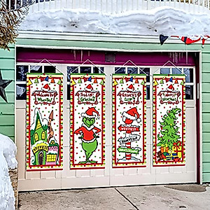Grinch Christmas Decorations 4PCS Welcome To Whoville Vinyl Poster Door Covers Backdrop Merry Grinchmas Wall Art Hanging Banner for New Year Indoor Outside Garage Door