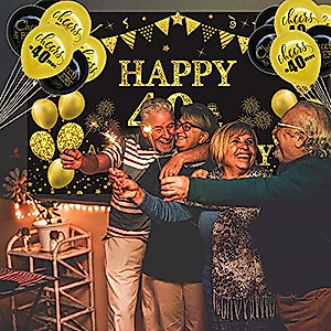 DARUNAXY 40th Wedding Anniversary Decorations, Large Happy 40th Anniversary Banner Backdrop 70 x 43 Inches, Black and Gold Party Balloons, Hanging Swirls for Indoor Outdoor Home Wall Party Supplies