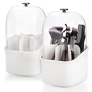 Fasmov 2 Pack Makeup Brush Holder Organizer, 360 Rotating Makeup Organizer with Clear Cover Cosmetics Storage Display Case, 8 Compartment Cosmetic Display Case for Vanity Desktop Bathroom Countertop