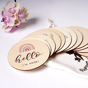 Baby Months Signs - Set of 14 Wooden Double Sided Baby Milestone Cards Including a Special Hello World Disc - Take a Picture and Celebrate Each Baby Age Milestone with These Milestone Wooden Circles