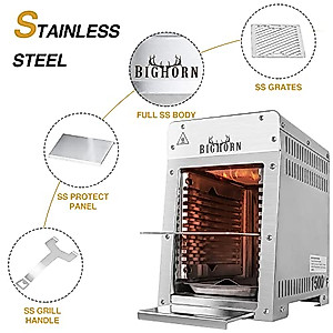 BIG HORN OUTDOORS Portable Infrared Broiler Propane Gas Grill, 1500 Degree Stainless Steel Tabletop Quick Cooking Steak Grill for Meat, Seafood, Veggies