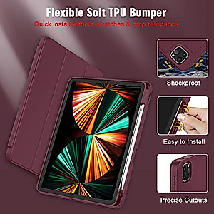 ZryXal New iPad Pro 12.9 Inch Case 2022/2021/2020(6th/5th/4th Gen) with Pencil Holder,Smart iPad Case [Support Touch ID and Auto Wake/Sleep] with Auto 2nd Gen Pencil Charging (Wine)