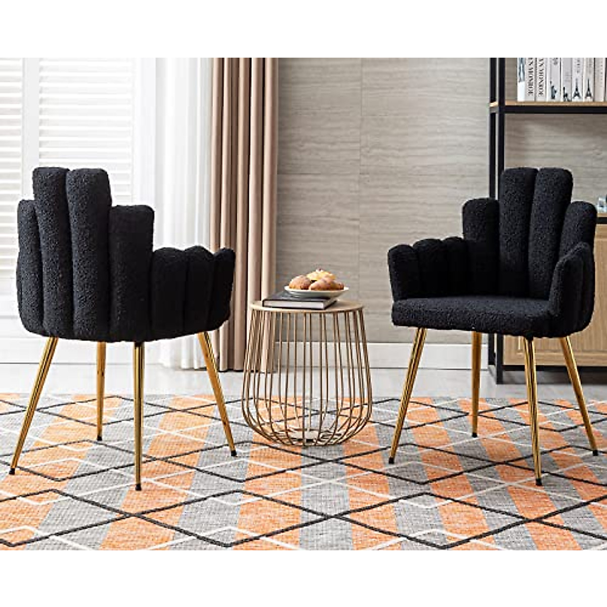 VESCASA Sherpa Accent Chairs with Petal Back, Mid-Century Modern Upholstered Dining Chairs with Arms, Makeup Vanity Chairs with Gold Metal Legs for Living Room/Bedroom, Set of 2, Black