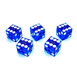 Luck Lab Grade AAA 19mm Casino Dice with Razor Edges and Matching Serial Numbers Set of 5 and Leather Dice Case, Blue