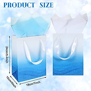 Jeyiour 24 Pcs Ombre Bags Bulk with 48 Pcs Tissue Paper, 9 x 7 x 4 Inch, Christmas Glitter Paper Wrap Bag, Packaging for Wedding Birthday Party Favor (Blue)