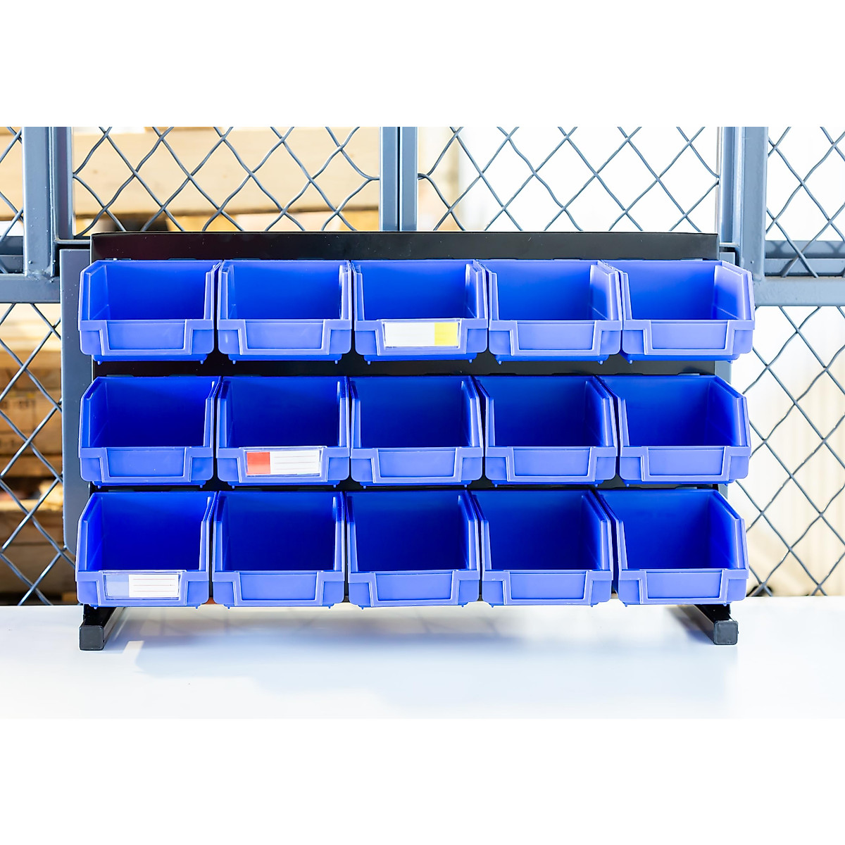 DJC Supply Heavy Duty Storage Bin Set & Steel Panel for Hanging Bin, Bench Mountable Steel Rolled Panel, 15 Bins included, Great for organzing Tools, Parts, and More. (20"X13" Bench Panel Set)