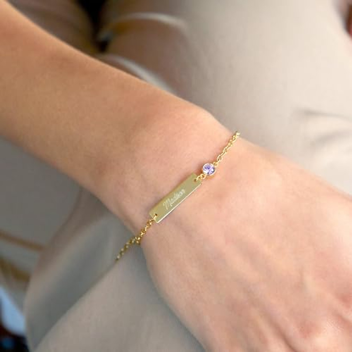 EVE'S ADDICTION Custom Engraved Gold Tone Birthstone Name Bar Bracelet - Birthstone Bracelet - Name Bracelet - Personalized Bracelet for Her - Gift for Mom - Gifts for Mom