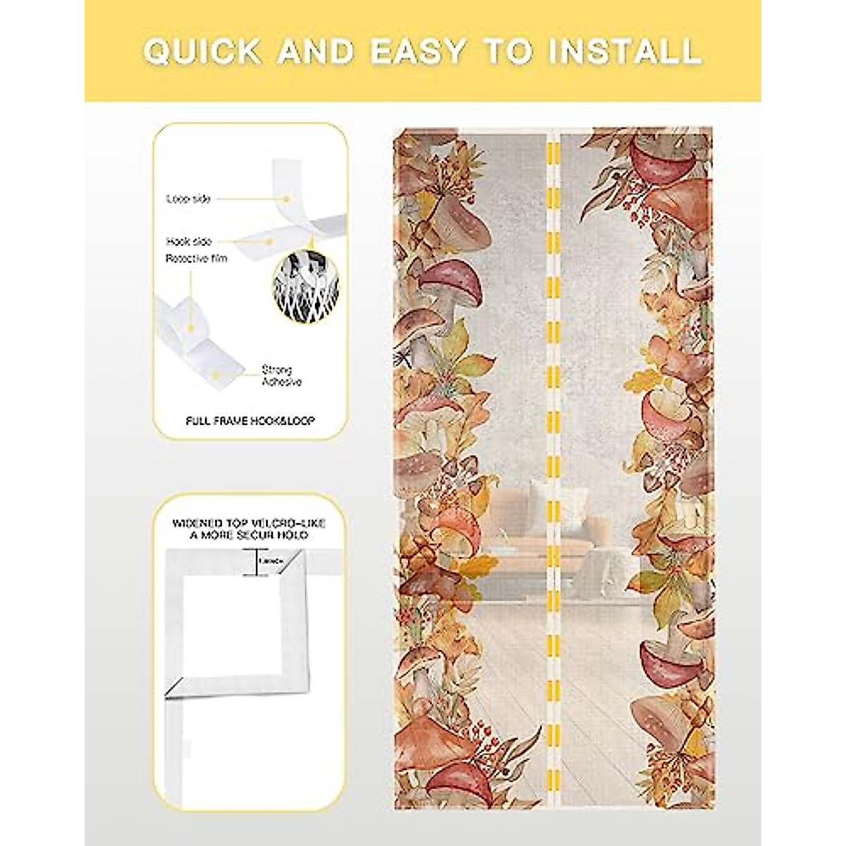 ZOE GARDEN Mushroom Magnetic Screen Door for Sliding/Single/French Doors, Self Sealing Magnets Patio Door Screen Heavy Duty Mesh Curtain, Wild Fall Maple Berry Corn Plant Burlap Autumn