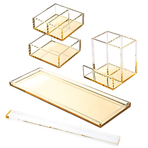 EXPUTRAN Acrylic Desk Organizer 4-Piece Desk Kit + Free Complimentary Acrylic Ruler, Desktop Organization for Office or Home (Gold)
