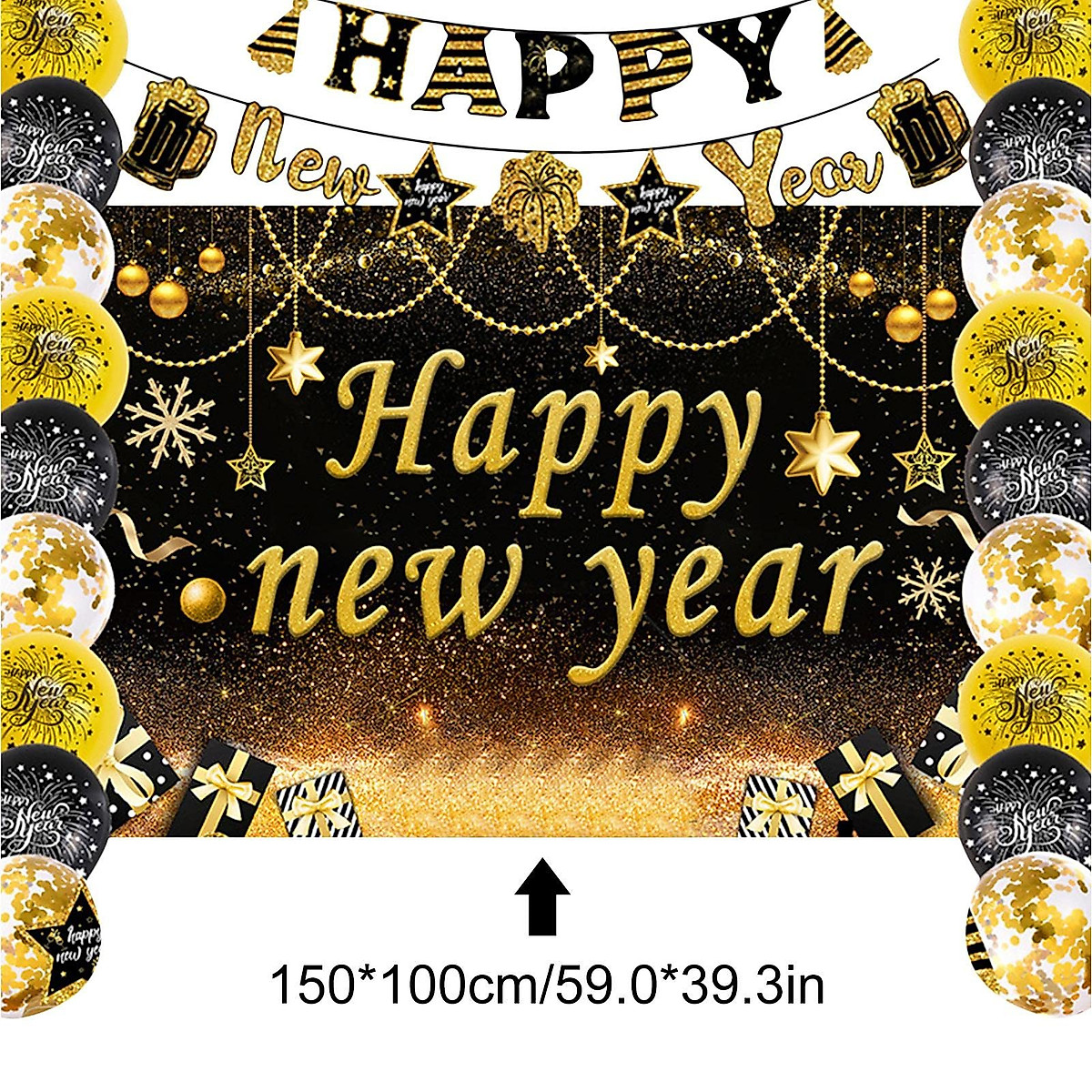 New Year Decorations Kit, Black Bunting and Gold Alphabet Balloons, Cake Topper and Photo Booth Props, Eve Party Decor for Home and School Gatherings, Festive Backdrop for Celebrations