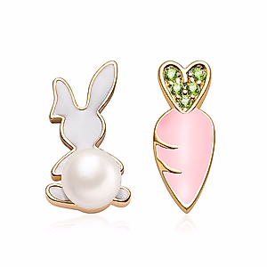 Easter Earrings White Rabbit Bunny Carrot Stud Earrings Crystal Pearl Cute Funny Earring