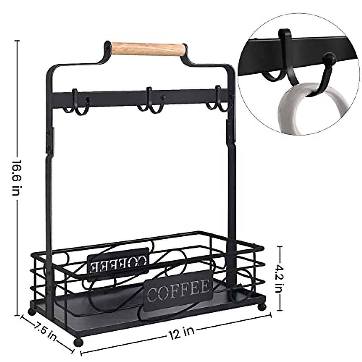 TreeLen Coffee Mug Holder with Removable Hooks, 6 Capacity Coffee Cup Holder for Countertop, Metal Coffee Mug Rack for Coffee Bar, Coffee Mug Tree for Large Mugs, Black